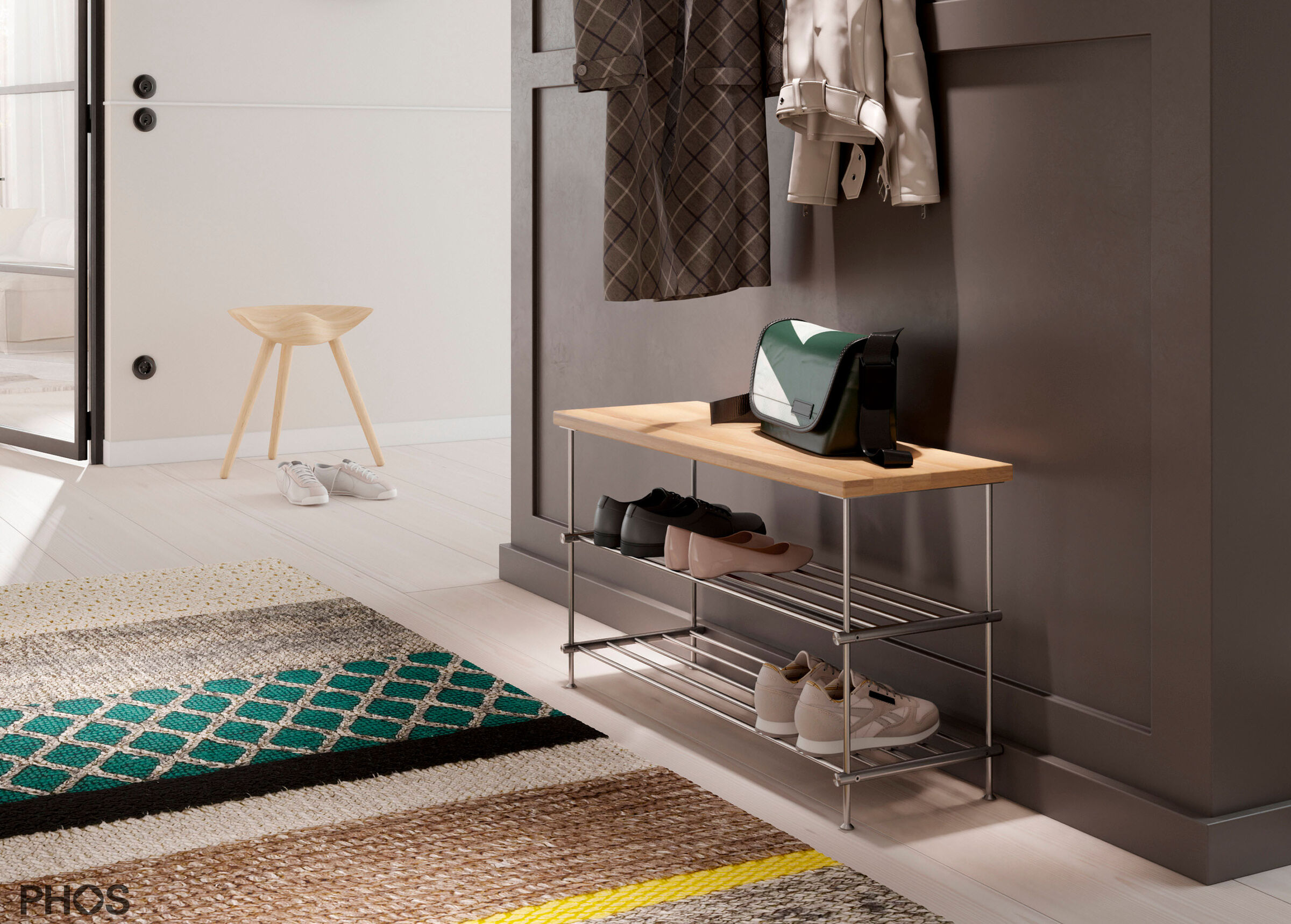 Stainless steel shoe bench with oak shelf to sit on by Phos Design GmbH ...